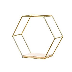 Goodilest Hexagon Floating Wood Book Shelves, Iron Storage Holder Wall-Mounted Multifunctional Nordic Style Geometric Firm Hexagonal Shelf for Home Bedroom Bathroom Golden M