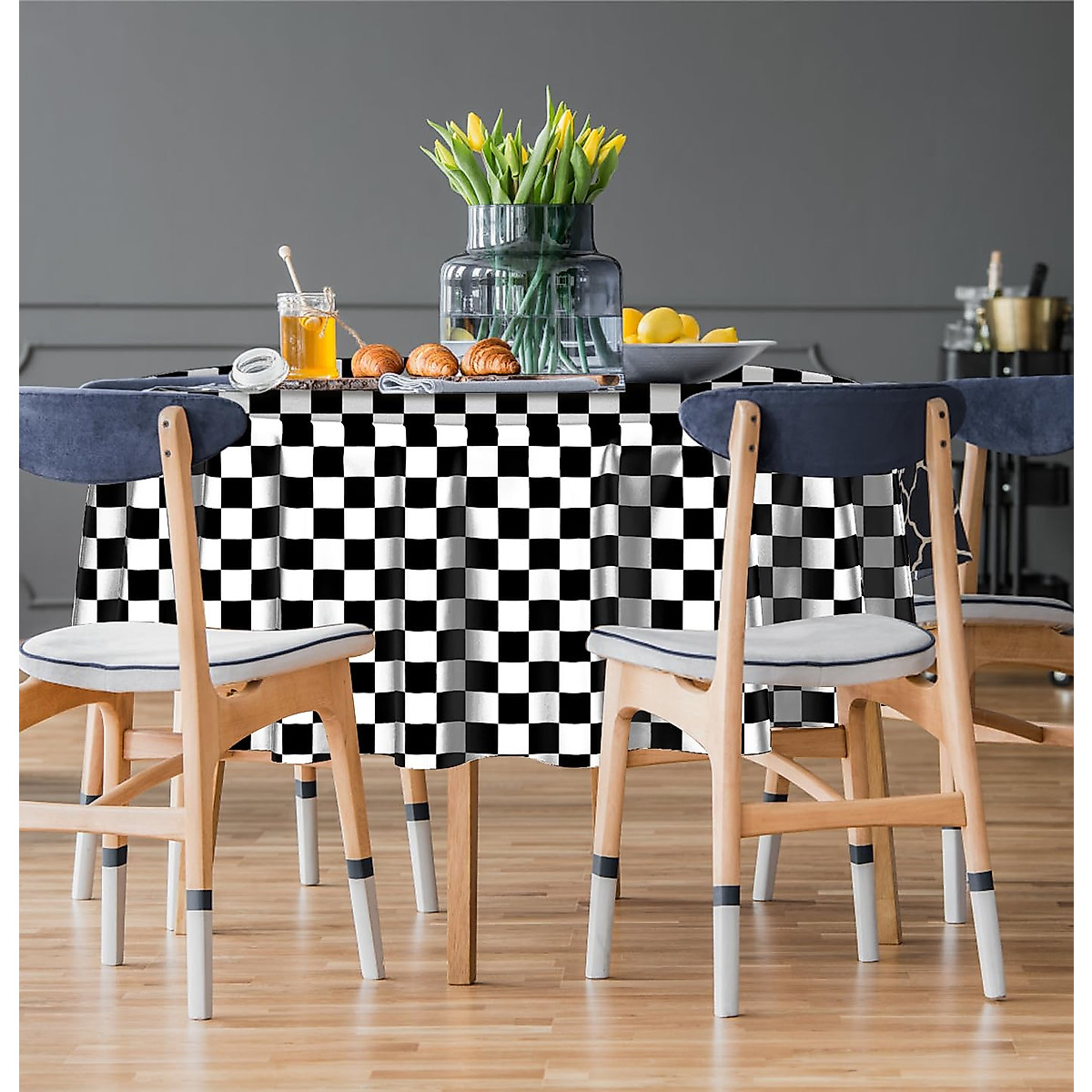 3 Pack Black and White Round Checkered Tablecloth 84 ×84 Checkered Table Cover Disposable Tablecloth for Round Tables Race Car Theme Party Birthday Picnic Camping Checkered Round Plastic Table Cloth