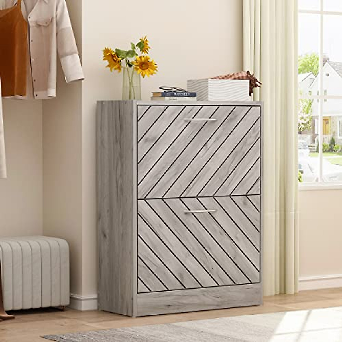 AGOTENI Shoe Cabinet with 2 Flip Drawers, Shoe Storage Organizer with 2-Tier Shelf for Entryway, Freestanding Shoe Rack Storage Organizer, Grey