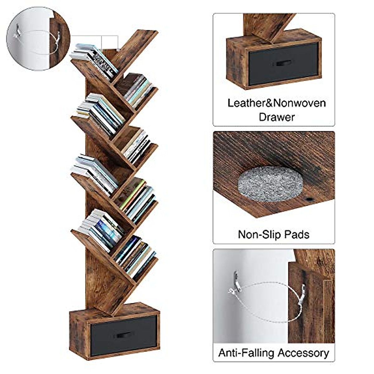 Rolanstar Bookshelf with Drawer, 9-Tier Tree Bookshelf, Wooden Bookshelves Storage Rack for CDs/Movies/Books, Rustic Brown Bookcase, Utility Organizer Shelves for Living Room, Bedroom, Home Office