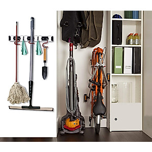 Mop Broom Holder Wall Mount QBOSO Aluminum Metal S Type Cleaning Tool Organizer Hanger Rack for Kitchen Garage Garden Holds Up to 5 Tools 17 In (3 Positions 2 Hooks Red black)