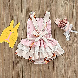 Amberetech Infant Easter Outfit Baby Girls Romper Toddler Bodysuit Cute Sleeveless Ruffle Bunny Printed Jumpsuit Clothes (12-18 Months, Pink)