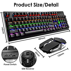 Wireless Gaming Keyboard and Mouse Combo with 104 Key Rainbow LED Backlight Rechargeable 4600mAh Battery Mechanical Keyboard Anti-ghosting Ergonomic RGB Mute Mice for Computer PC Gamer (Blue Switch)