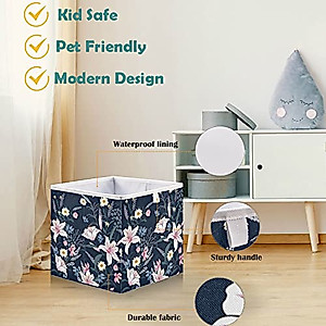 visesunny Closet Baskets Retro Lily Floral Storage Bins Fabric Baskets for Organizing Shelves Foldable Storage Cube Bins for Clothes, Toys, Baby Toiletry, Office Supply