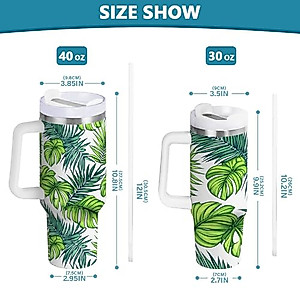 Slewiaeky Tumbler with Handle 40 oz Plant Palm Leaf Cool Travel Mug with Lid and Straw Green Stainless Steel Vacuum Insulated Water Bottle Cup for Iced Tea Coffee Cold Beverages Cup Holder Friendly