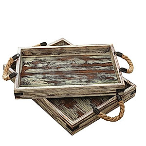 MyGift Country Rustic Torched Wood Rectangular Coffee Breakfast Serving Tray with Rope Handles, Set of 2