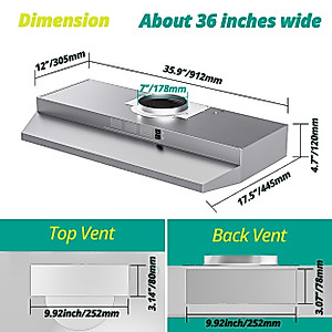 FIREGAS Range Hood 36 inch Under Cabinet, Ducted/Ductless Convertible Kitchen Hood, Stainless Steel Vent Hood with LED Light,2 Speed Exhaust Fan, Silver