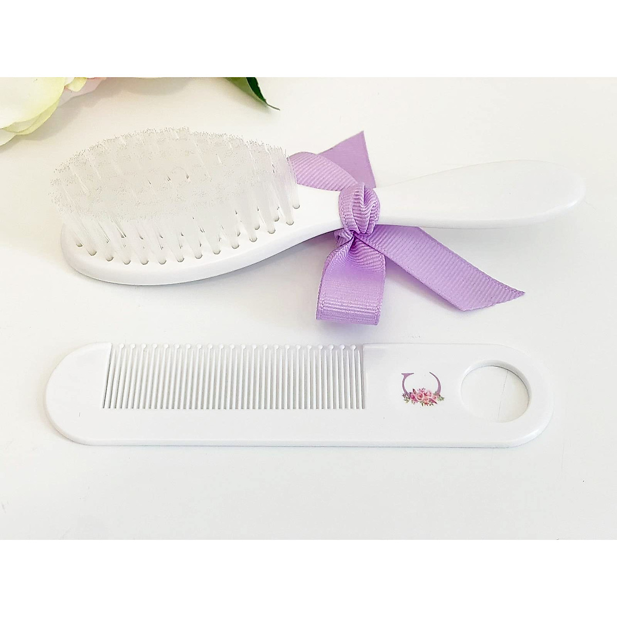 Personalized Baby Gift Girls - Baby Brush and Comb Set, Suitable for Ages 0-3 Years, New Baby Gift - Floral Initial Purple, Baby Gift