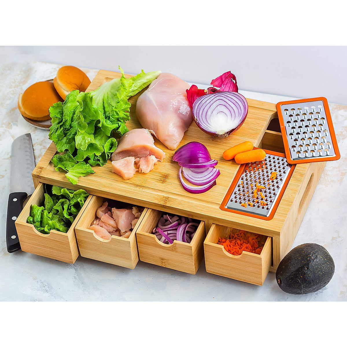 ecozoi Bamboo Cutting Board with 4 Slide Out Drawers with 4 Bamboo Lids for Easy Storage, Non Slip Meal Prep Station, Chopping Board, Wooden Butcher Block with Juice Groove and 2 Bonus Graters