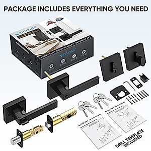TICONN Door Handle Heavy Duty, Reversible Square Door Lever for Bedroom, Bathroom and Rooms (Black, Deadbolt with Keyed Entry - Not keyed Alike)