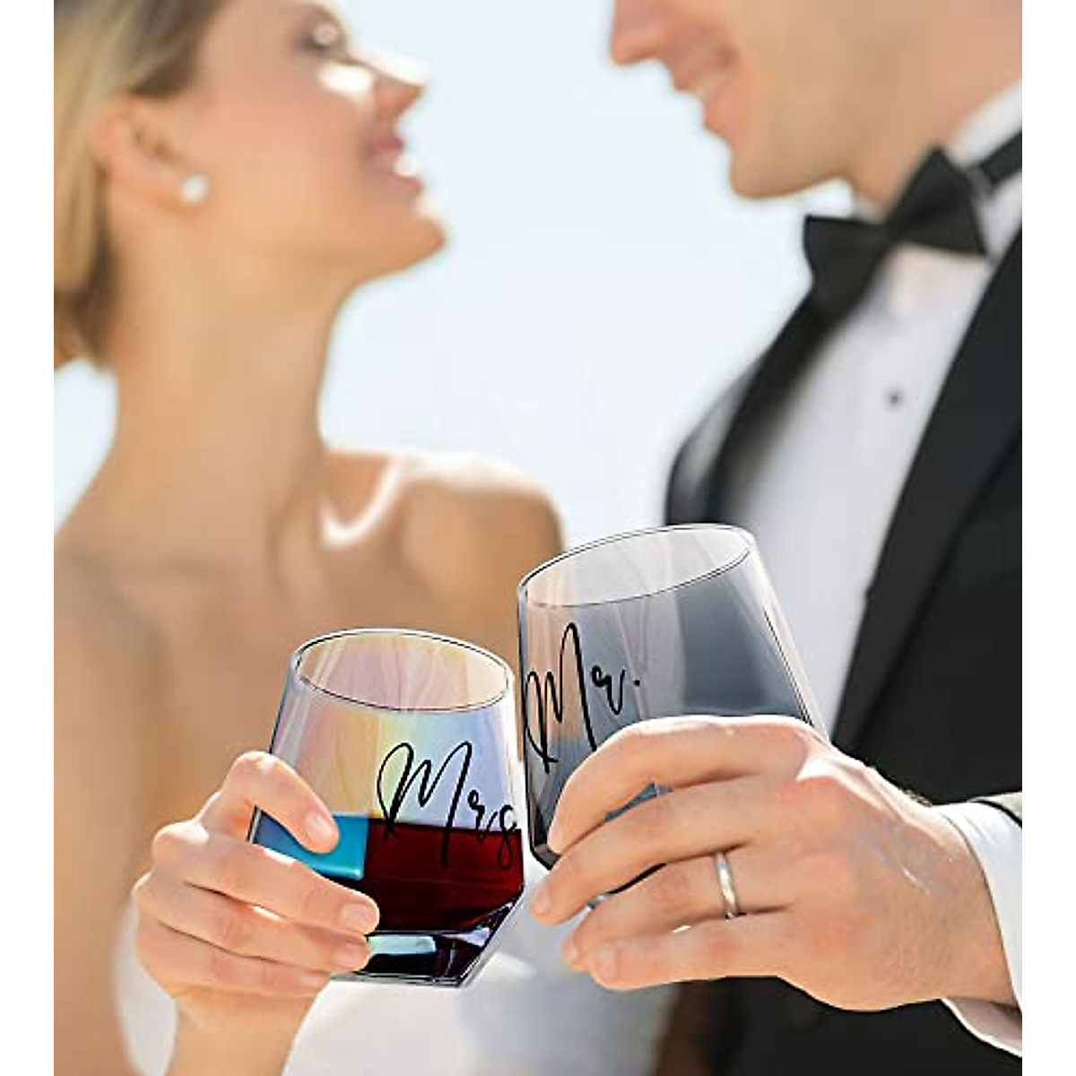 FONDBLOU Wine Glasses Gifts for Mr and Mrs, Wedding Gifts for Bride and Groom, Gifts for Bridal Shower Newlywed Engagement and Anniversary, Couples Gifts for Husband & Wife(12oz*2 Glass)