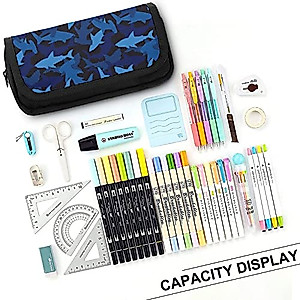 Blue Camo Sharks Large Capacity Pencil Case Multi-Slot Pencil Bag Portable Pen Storage Pouch with Zipper