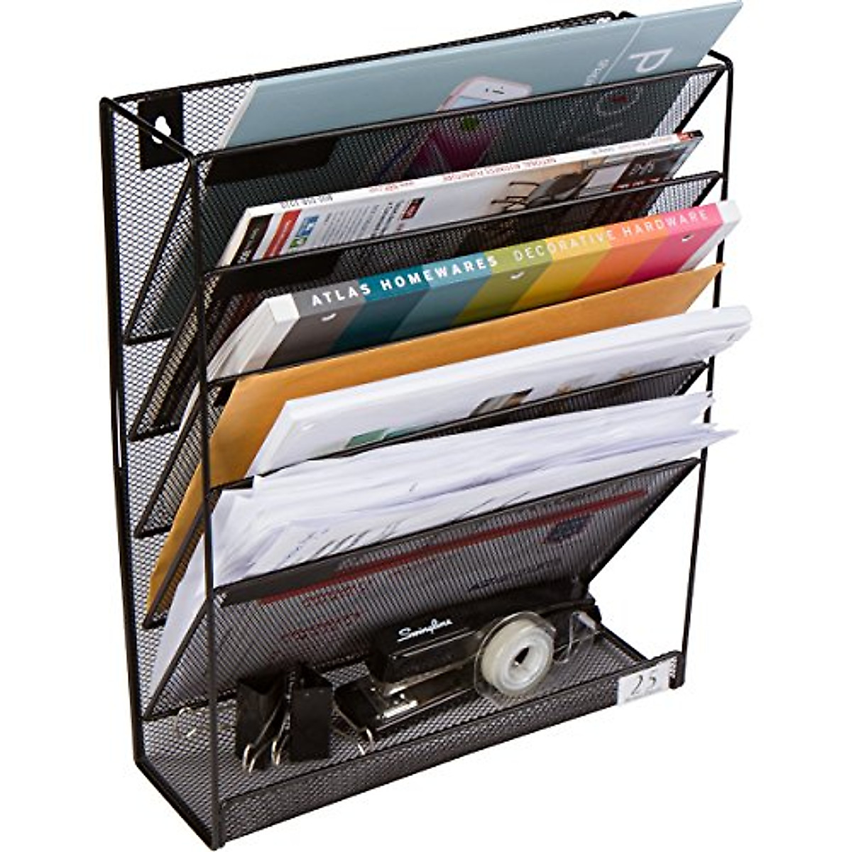 5 Pocket Wall Mounted File Hanging Organizer Metal Mesh Office Home Folder Binder Holder Magazine Mail Rack + Hardware, Black