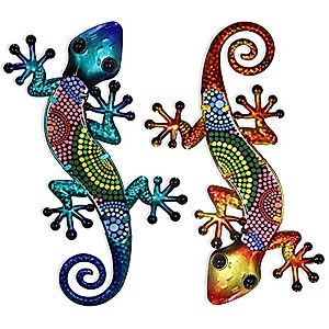 HONGLAND Metal Gecko Wall Art 2 Pack 15 Inch Lizard Outdoor Decor Hanging Glass Sculpture Decoration for Garden Fence Home