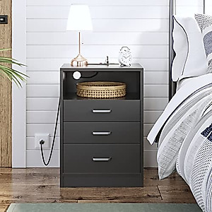ADORNEVE Black Nightstand 3 Drawers with USB Port,Bedroom End Table Side Table Wooden Sofa Side Stand Cabinet,with Sliding Drawer & Open Storage