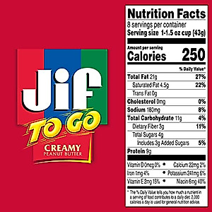 Jif To Go Creamy Peanut Butter, 8- 1.5 Ounce Cups, Smooth and Creamy Texture, Snack Size Packs