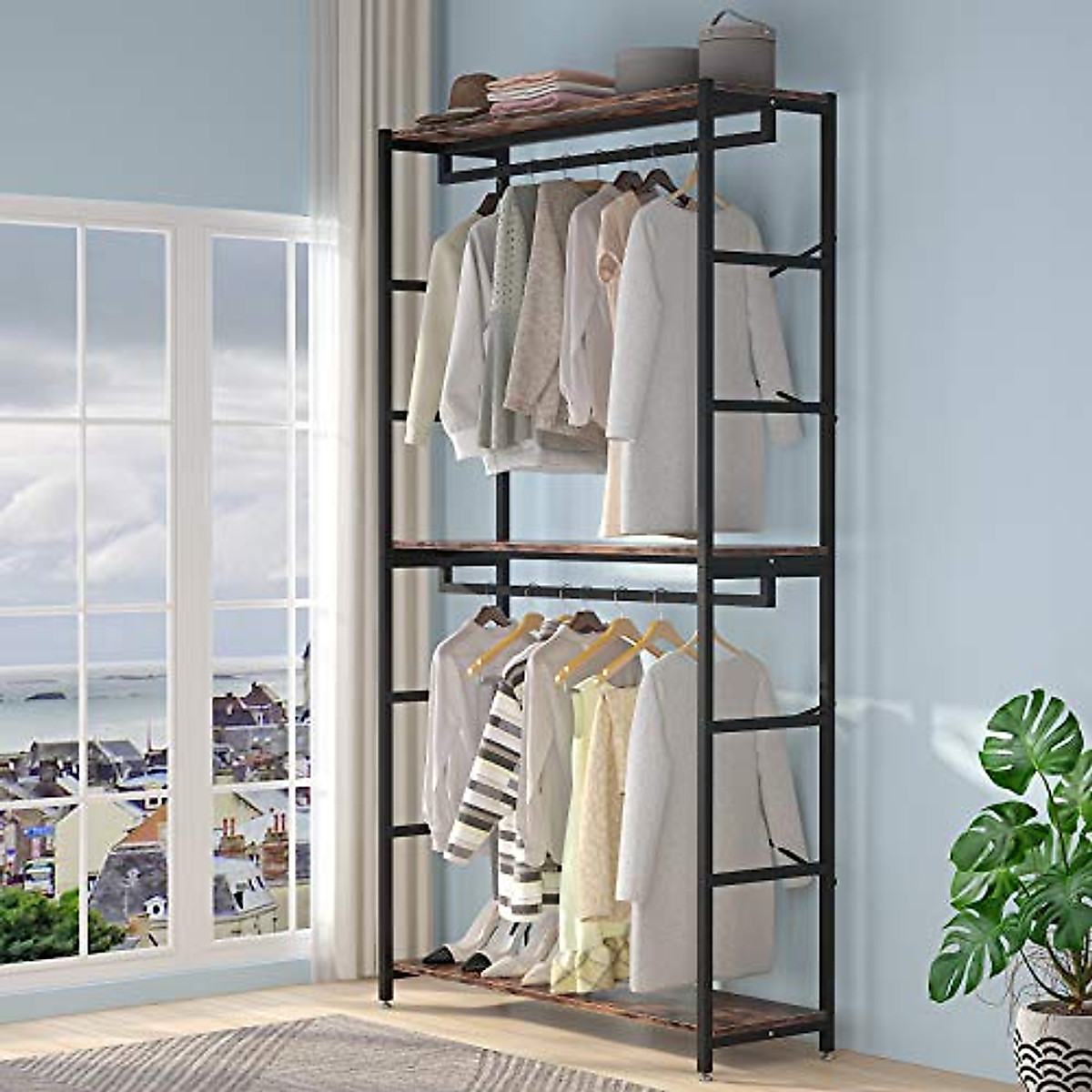 Tribesigns Free-standing Closet Organizer with 3 Storage Shelves and 2 Hanging Rod, Large Standing Clothes Garment Rack for Bedroom Living Room (Brown)