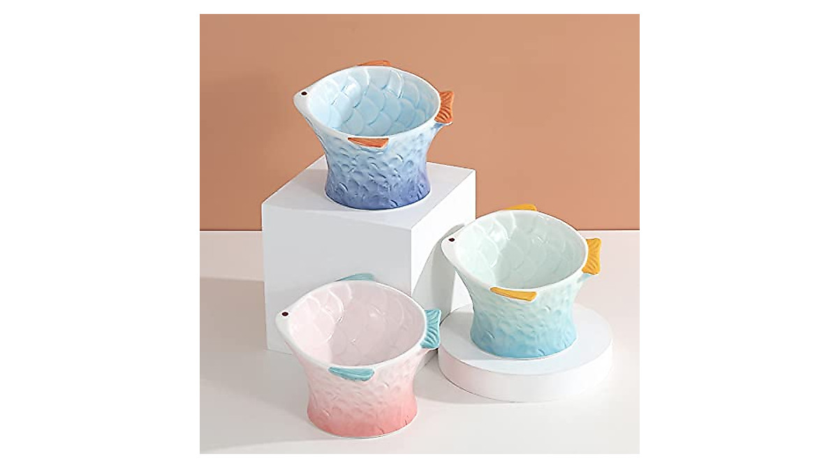 Raised Tilted Ceramic Cat Food Bowl - Cute Pink Fish Shape Elevated ...