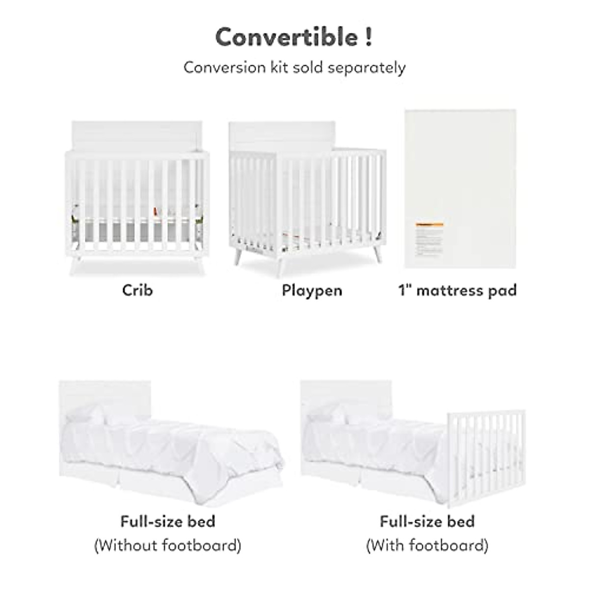 Sweetpea Baby Lexington 4-in-1 Convertible Mini Crib in White, JPMA & Greenguard Gold Certified, Made with Sustainable New Zealand Pinewood, Non-Toxic Finishes