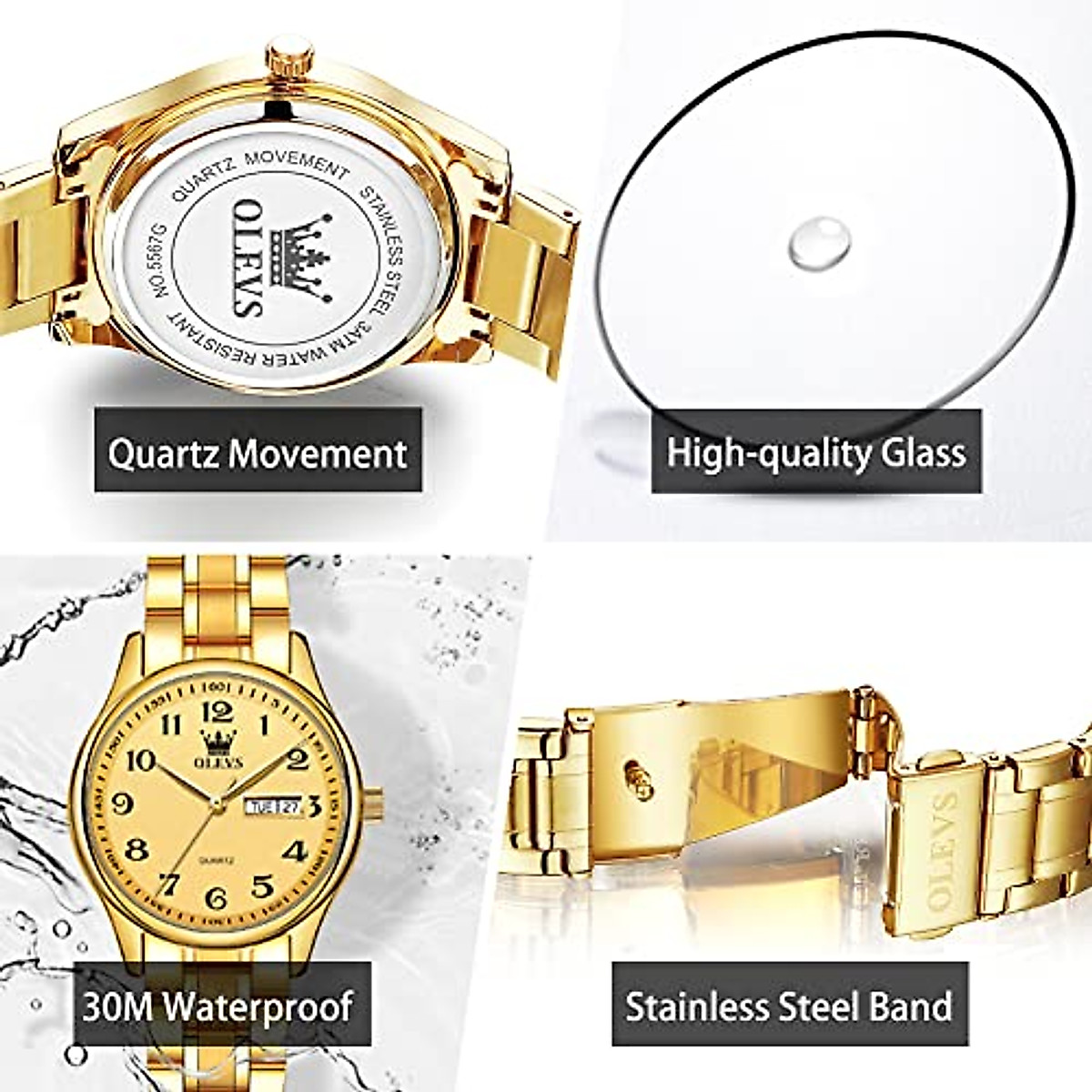 OLEVS Women's Gold Watches Small Wrist Quartz Watches for Women Yellow Gold Face Stainless Steel Bracelet Big Arabic Numerals Women Watches with Day and Date Casual Watches for Women Relojes De Mujer