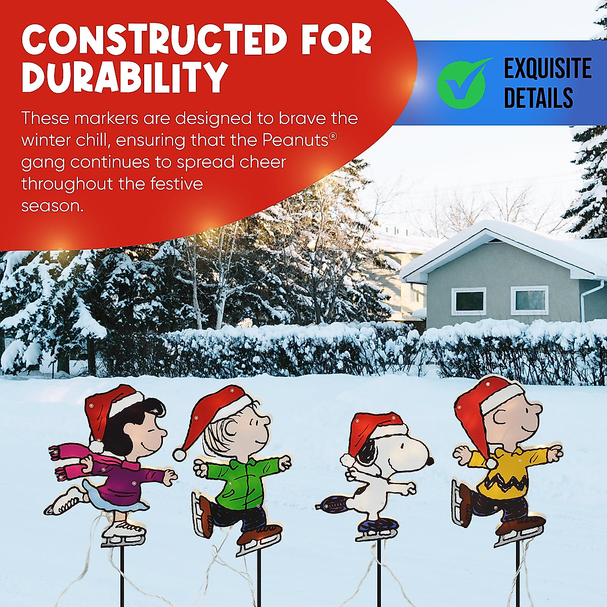 PRODUCTWORKS 12-Inch Peanuts 2D Pre-Lit Yard Art with 40 LED Lights Flat PVC Christmas Pathway Markers with Lucy, Linus, Snoopy and Charlie Brown