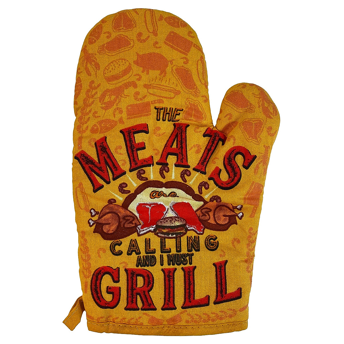 The Meats are Calling and I Must Grill Oven Mitt Funny Backyard Bar-B-Que BBQ Kitchen Glove Funny Graphic Kitchenwear Funny Food Novelty Cookware Yellow Oven Mitt