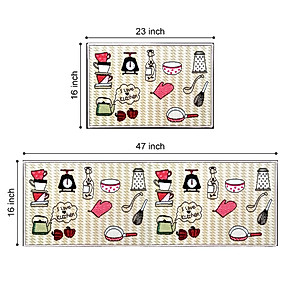 FAMIFIRST Kitchen Rug 2 Piece Printed Nylon Kitchen Mat Latex Backing Machine Washable, 16''x47''+16''x23'', Dinnerware