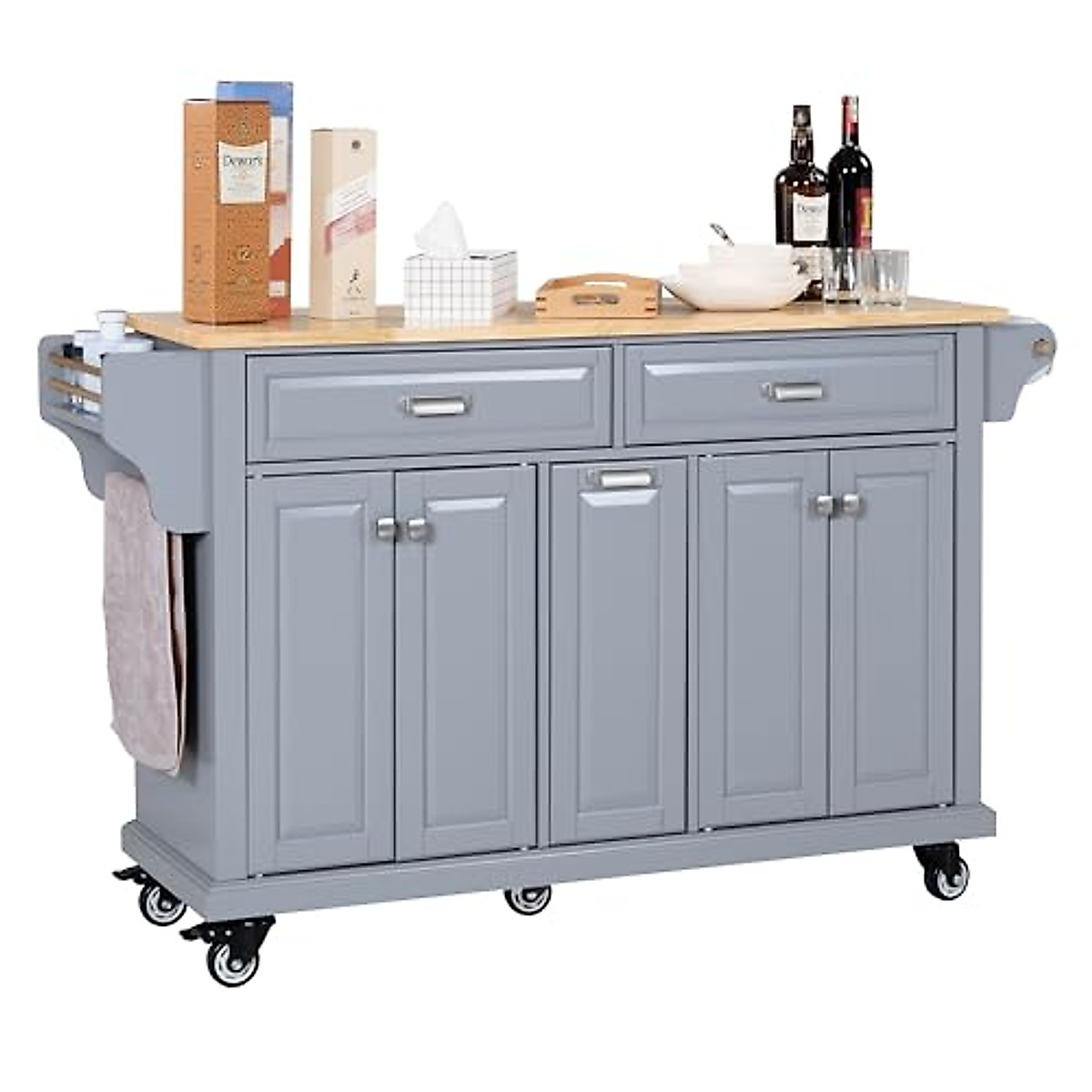 Cambridge Rolling Kitchen Island on Wheels Utility Cart with Spice and Towel Racks and Rubber Wood Countertop, Storage Drawers, Door Cabinets, Gray