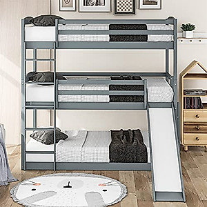 Harper & Bright Designs Triple Bunk Bed with Slide, Twin-Over-Twin-Over-Twin Triple Bed Frame with Built-in Ladder and Guardrails for Kids (Gray)