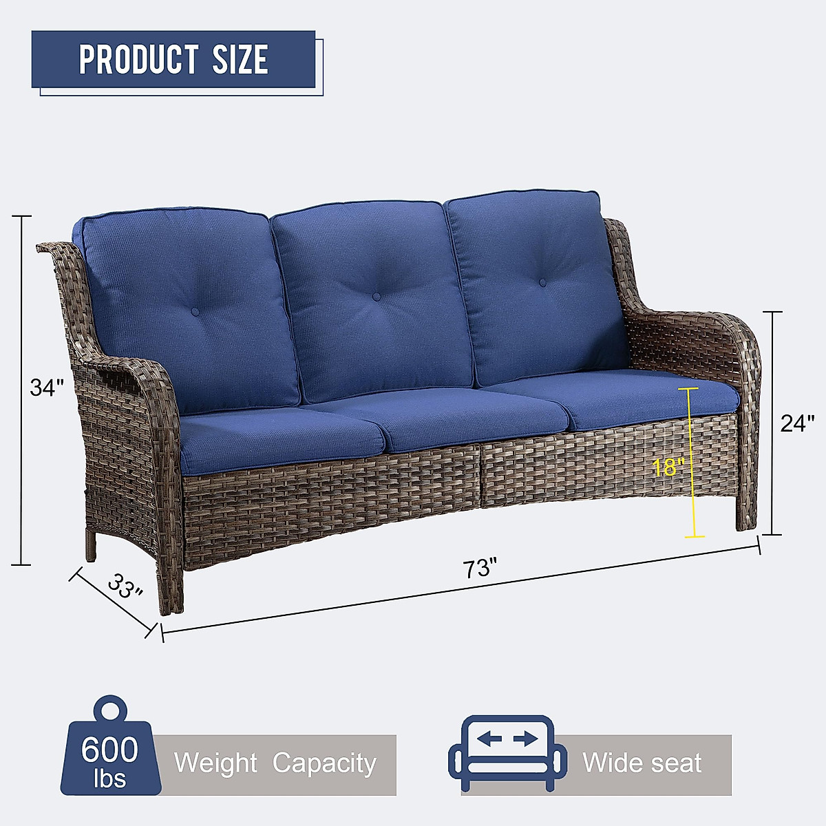 Yokayoay Outdoor Couch Patio Sofa 3 Seater, Wicker Sofa with Seat and Back Cushion, Lounge Couch Furniture for Porch, Backyard, Balcony, Deck