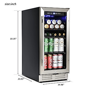 LUMISOL Mini Beverage Refrigerator and Cooler, 15" Cooler Under Counter Built-in or Freestanding, 120 Cans Capacity Wine Cabinet with Blue Interior Light Adjustable Shelves, for Home Bar office