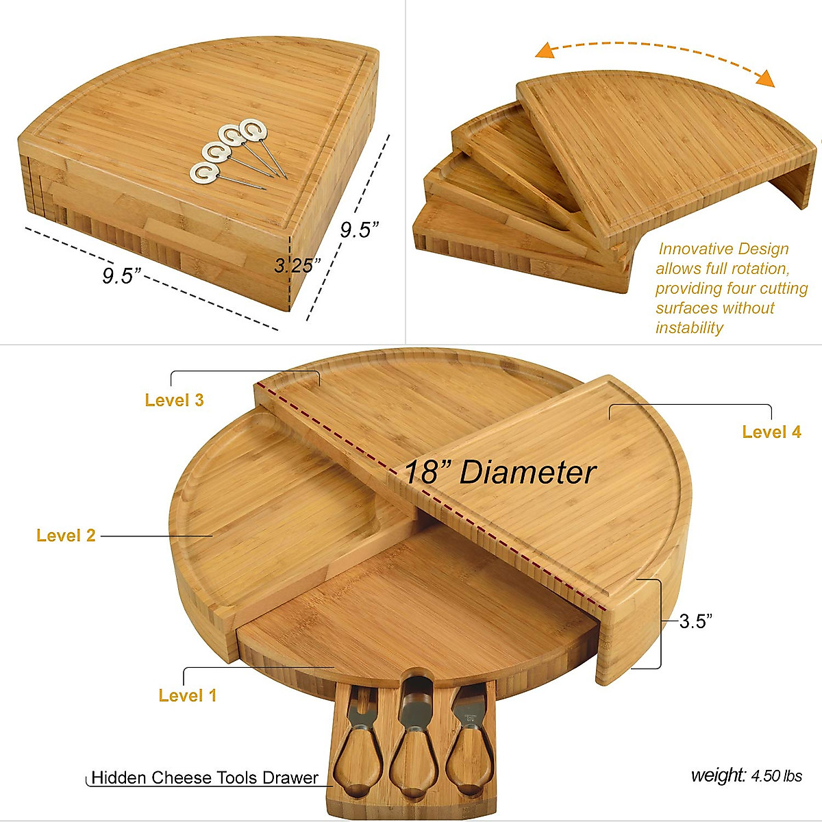 Picnic at Ascot Patented Personalized Monogrammed Engraved Bamboo Cutting Board for Cheese & Charcuterie with Knives & Cheese Markers - Stores as a Compact Wedge - Opens to 18" Diameter