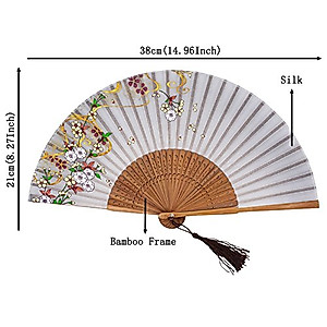 Amajiji® Chinese Japanese Folding Hand Fan for Women,Vintage Retro Style 8.27" (21CM) Bamboo Wood Silk Hand Fans (CL-04)