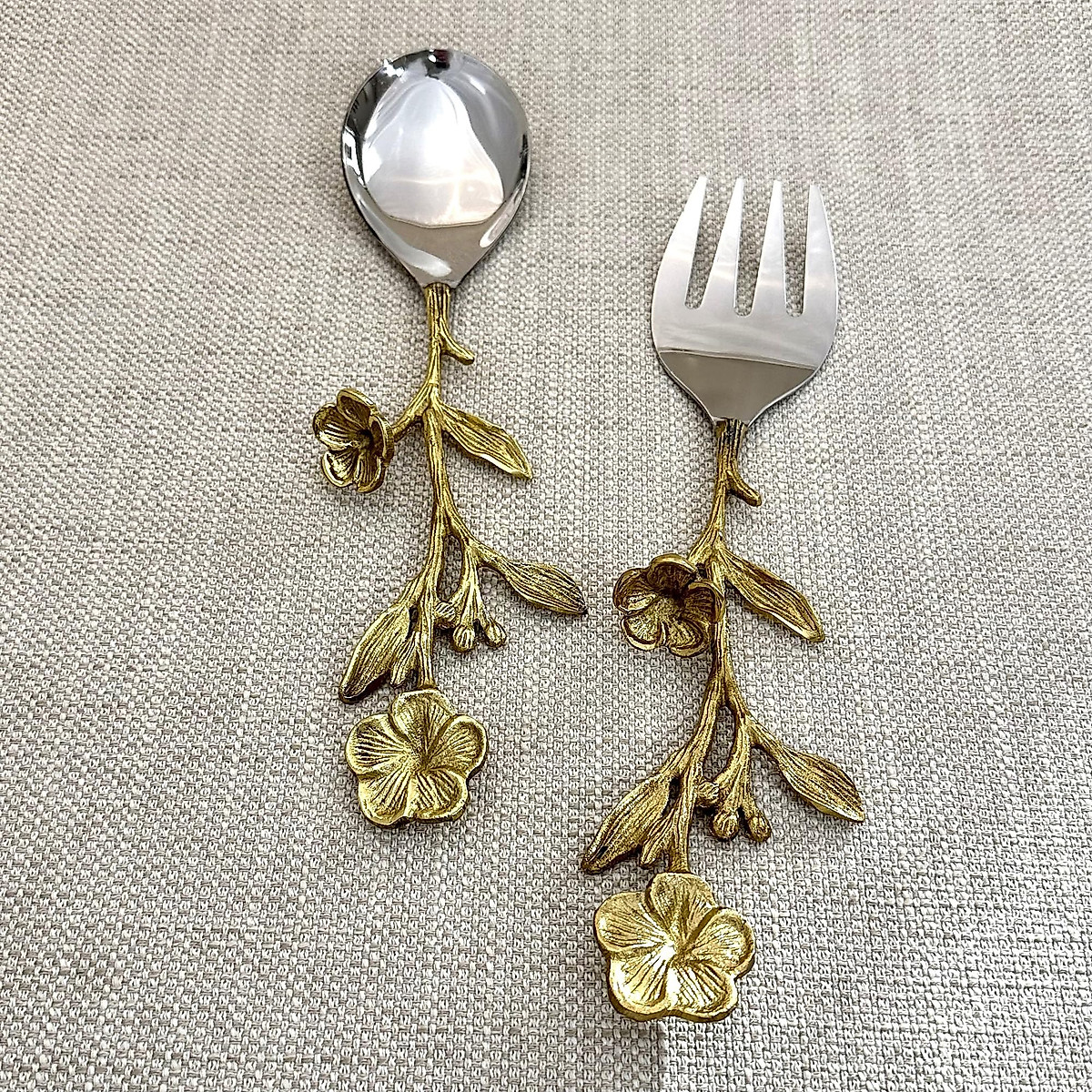 India Handicrafts Flourishing Florals Spoon Fork, Antiqued Gold/Silver Tone 11.5 Inch Stainless Steel Salad Server Set, 75080
