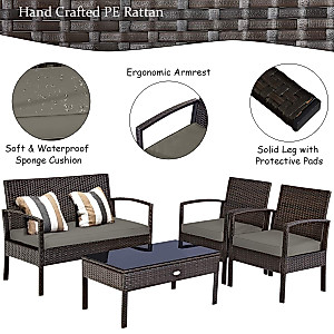 Toolsempire Outdoor Conversation Set 4 Pieces Patio Furniture, Wicker Patio Chair Sofa Set with Water-Resistant Dark-Brown Cushion & Tempered Glass Table for Backyard, Balcony, Porch(Brown)