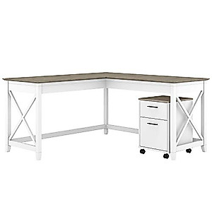 Bush Furniture Key West L Shaped Desk with 2 Drawer Mobile File Cabinet, 60W, Pure White and Shiplap Gray
