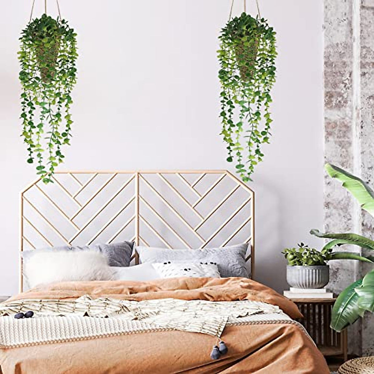 Nisoger Fake Hanging Plant with Woven Basket, 2 Pack Artificial Hanging Plants, Faux Vines Eucalyptus Leaf Hanging Pot Plant for Wall Home Room Indoor Outdoor Bedroom Bathroom Office Decor