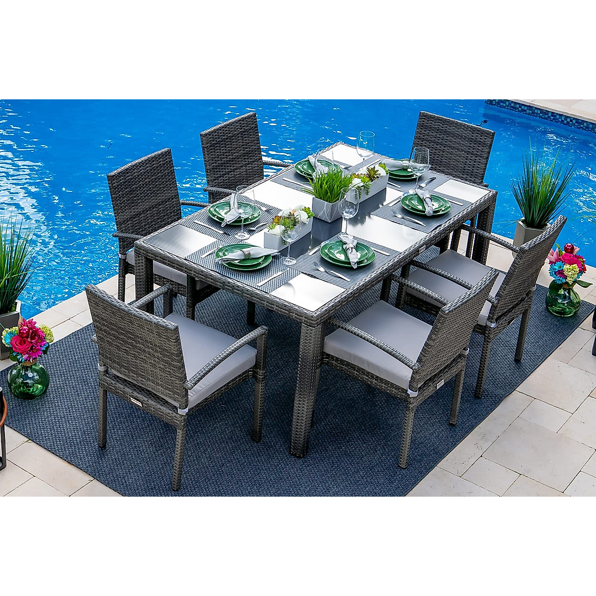 Bari 14-Piece Resin Wicker Combination Outdoor Patio Furniture Set (L) in Mixed Gray w/Sofa Set, Six-Seat Dining Set, and Chaise Lounge Set