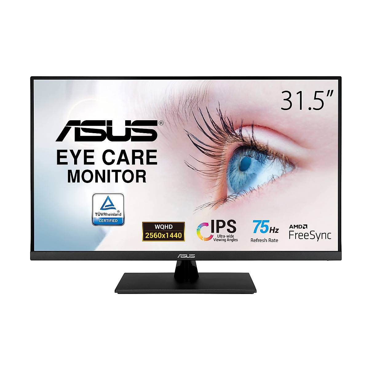 ASUS 31.5” 2K Monitor (VP32AQ) - WQHD (2560 x 1440), IPS, 100% sRGB, HDR10, 75Hz, Speakers, Adaptive-Sync/FreeSync, Low Blue Light, Eye Care, VESA Mountable, Frameless, DisplayPort, HDMI, Tilt,BLACK