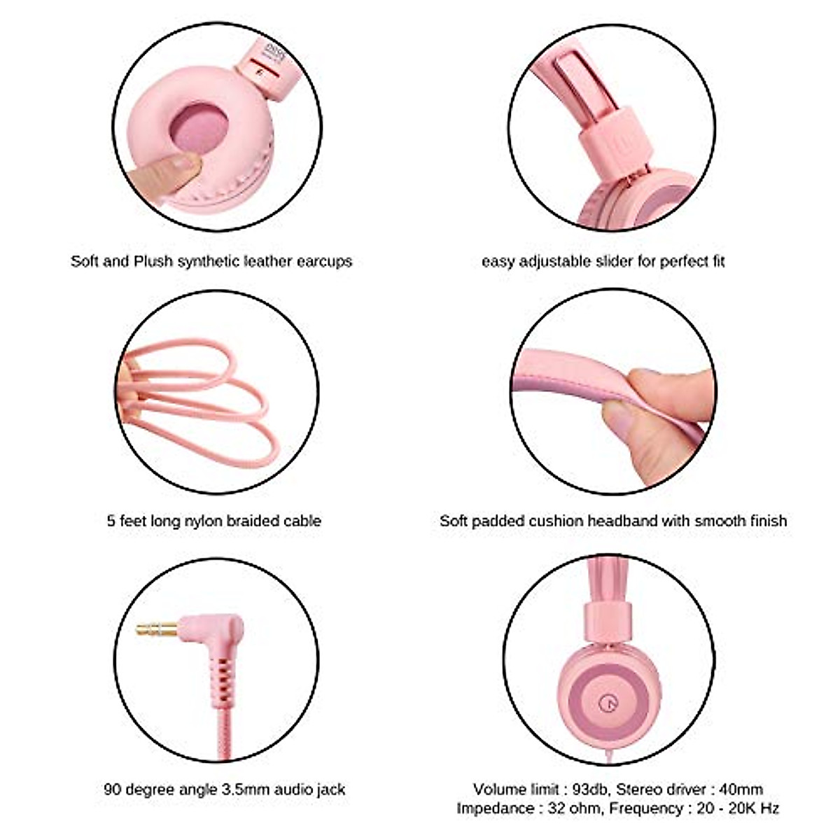 Kids Headphones-noot products K11 Foldable Stereo Tangle-Free 5ft Long Cord 3.5mm Jack Plug in Wired On-Ear Headset for iPad/Amazon Kindle,Fire/Girls/Boys/School/Laptop/Travel/Plane/Tablet-Soft Pink