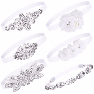 Juinte 6 Pcs White Baptism Headband for Baby Girl Toddler Elastic Chiffon Flower Crystal Lace Headbands Christening White Baby Baptism Headband Gifts Birthday Baby Shower Party (3-6 Months)