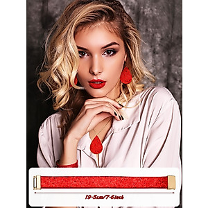 Hicarer Women's Glitter Jewelry Set, Include 2 Pieces Bridal Wedding Multi-Layer Bracelet 3 Pair Faux Leather Dangle Earrings 1 Piece Necklace for Women (Red)