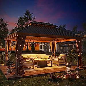 GAZEBEST 12' X 16' Hardtop Gazebo, Outdoor Aluminum Patio Gazebo Double Roof Galvanized Steel Wooden Finish Coated Canopy with Netting and Curtains for Garden, Patio, Backyard, Deck and Lawns.