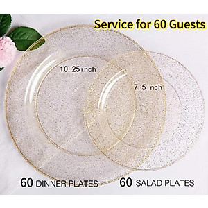 WDF 120PCS Gold Plastic Plates- Disposable Gold Glitter Plates, Premium Heavy Duty 60-10.25" Dinner Plates and 60-7.5" Salad Plates for Parties &Wedding