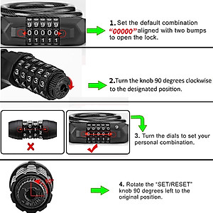 Bike Lock Cable, Anti Theft Bicycle Lock Chain, Bike Combination Lock 5 Digit Security Resettable Self Coiling Combination Cable Combo Bike Locks with Mounting Bracket, 4 Feet x 1/2 Inch (Black)