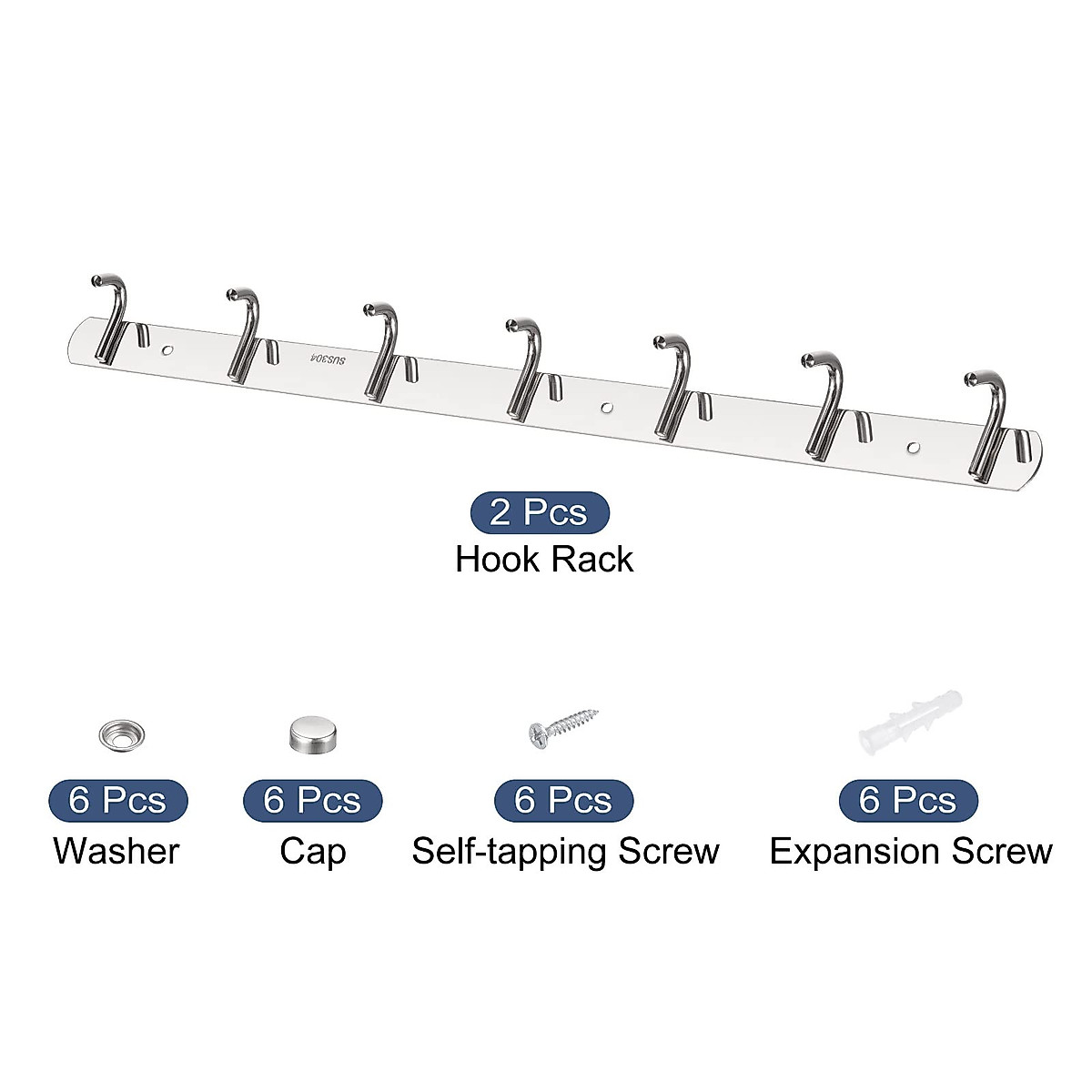 uxcell Coat Hook Rack, 304 Stainless Steel Coat Rack Wall Mounted with 7 Hooks Metal Hook Rail Wall Hangers for Hanging Bedroom Bathroom 2Pcs