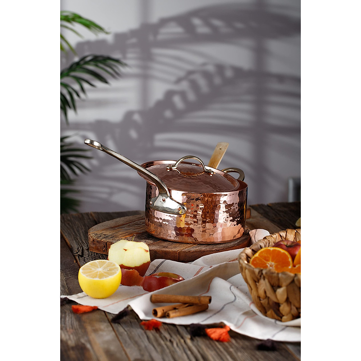 DEMMEX 1mm Thick Hammered Unlined Uncoated Solid Copper Sugar Sauce Zabaglione Pan Candy Jam Caramel Dessert Pot with Lid and Helper Handle, Handmade in Turkey, (1.7-Quart)