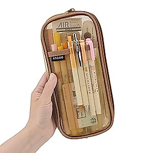 EASTHILL Grid Mesh Pen Pencil Case with Zipper Clear Makeup Color Pouch Cosmetics Bag Multi-Purpose Travel School Teen Girls Transparent Stationary Bag Office Organizer Box for Adluts(Khaki)