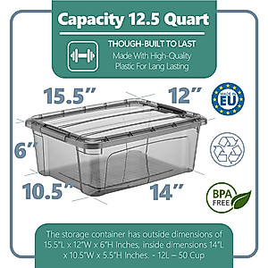 Tribello 12.5 Quart Storage Bins with Lids, Plastic Storage Containers with Latching Lids For Organizing - Tinted - (15.5’ x 12” x 6”) - Set of 2 - Made in EU