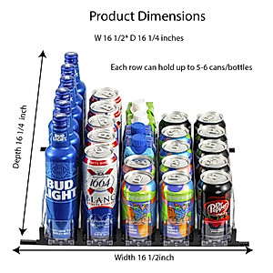 RULA Drink Organizer for Fridge, Self-Pushing Soda Can Dispenser for Refrigerator, Width Adjustable Water Bottle Pusher Glide, 16.2" D, 5 Rows, Black